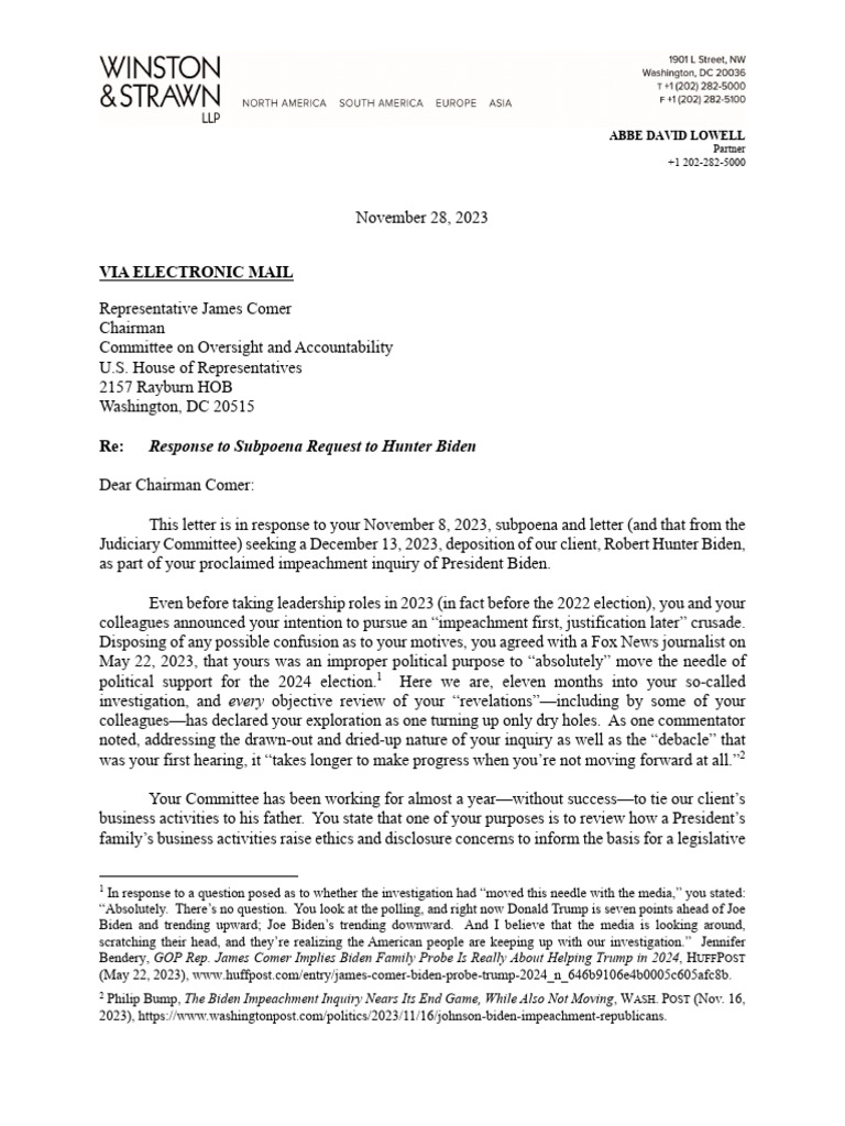 Abbe Lowell Letter To Comer Nov. 28 | PDF | United States House Of ...