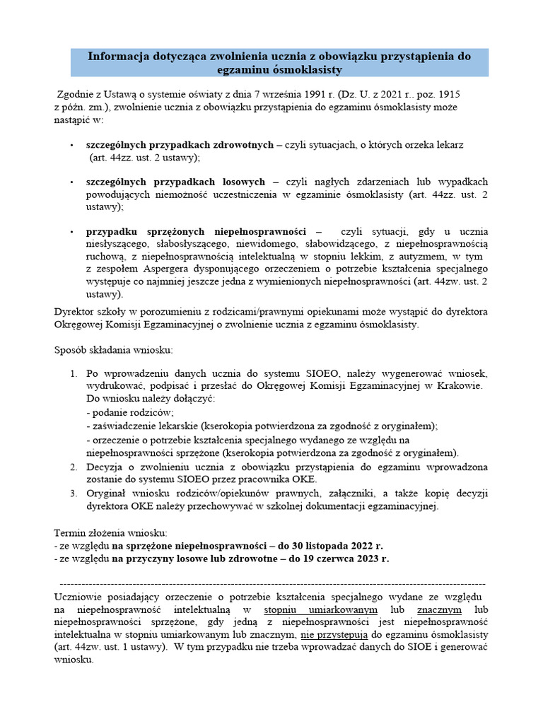 Zwolnienie Ucznia Z Przystapienia Do Egzaminu Osmoklasisty 2022 2023 v2 ... Zwolnienie Ucznia Z Przystapienia Do Egzaminu Osmoklasisty 2022 2023 v2 ...