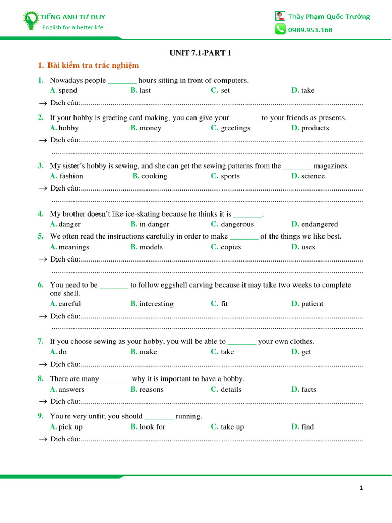 7.1.1. Trac Nghiem Tu Vung. Unit 7.1-Part 2.15W | Download Free PDF | Hobbies