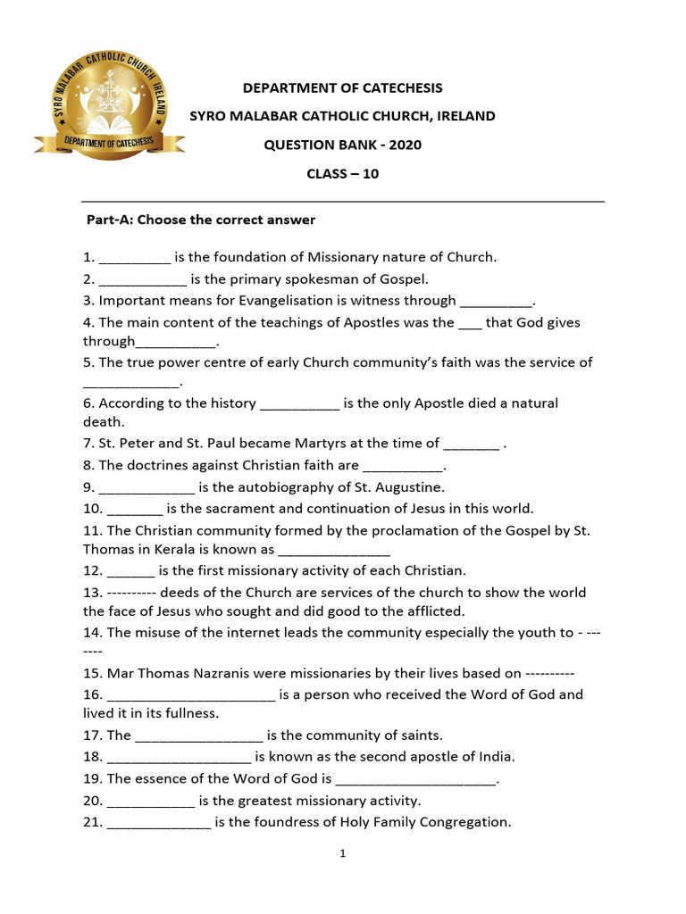 2020 Syro Malabar Class 10 Question Bank | PDF | Catholic Church | Rosary