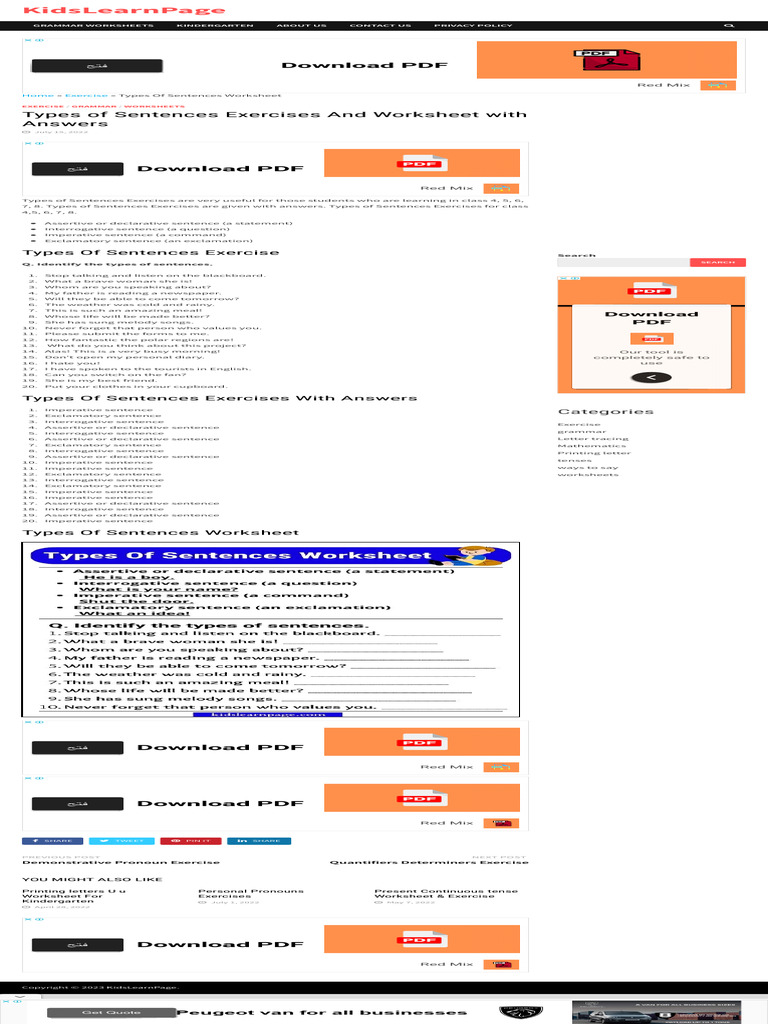 Types of Sentences Exercises and Worksheet With Answers | PDF ...