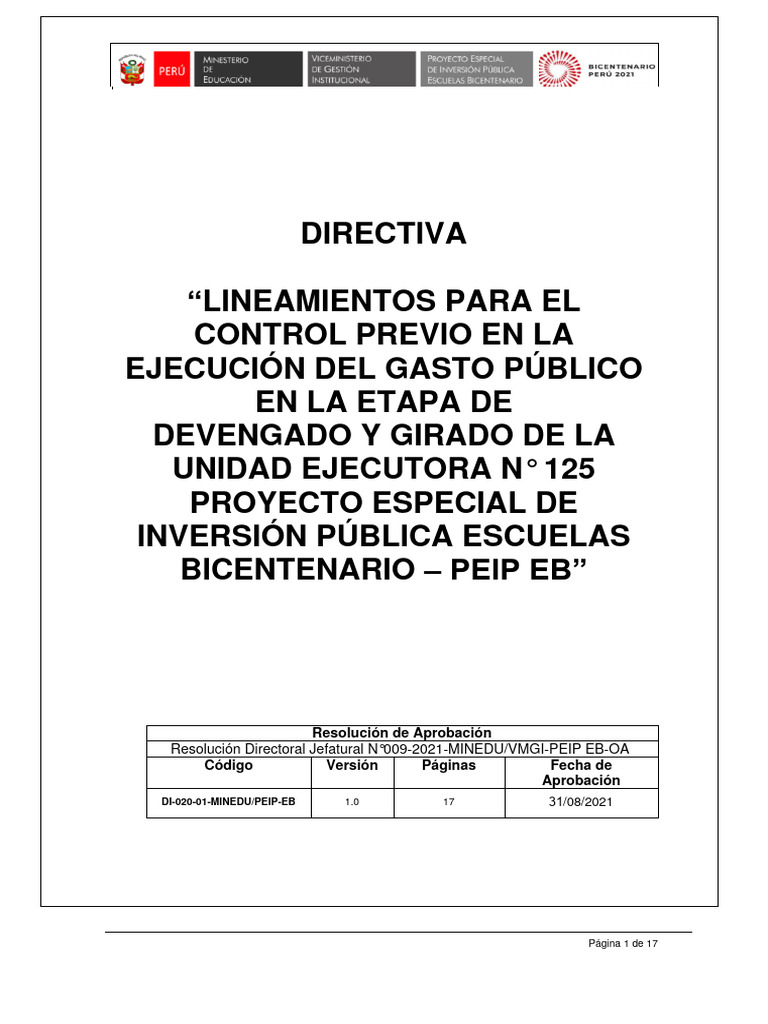 Lineamiento de Control Previo Aprobado Con RDJ009.PDF | PDF | Presupuesto | Dinero