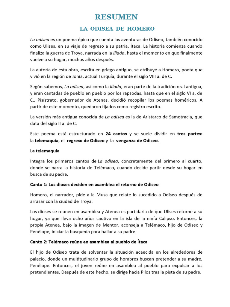 Resumen La Odisea de Homero | PDF | Odiseo | Odisea