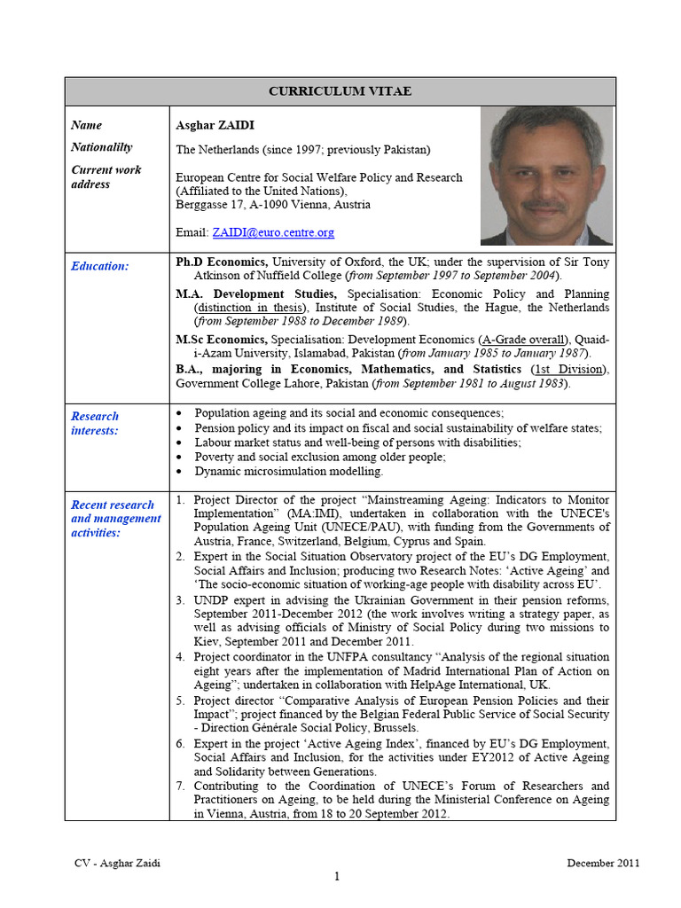 CV Asghar Zaidi WEB 2011 | PDF | Cost Of Living | Pension