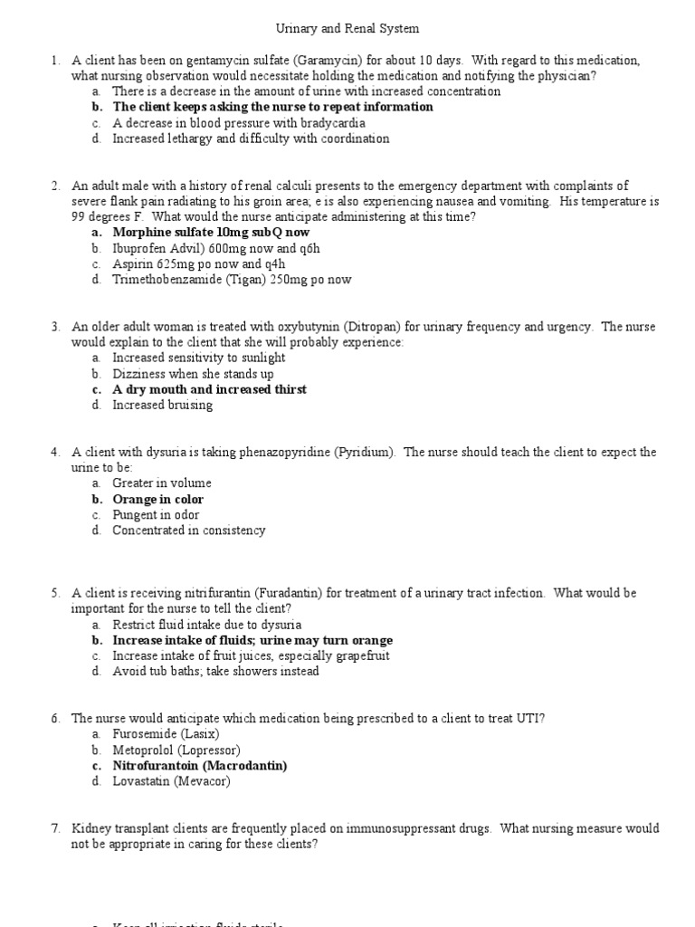Urinary and Renal System Take Home Quiz