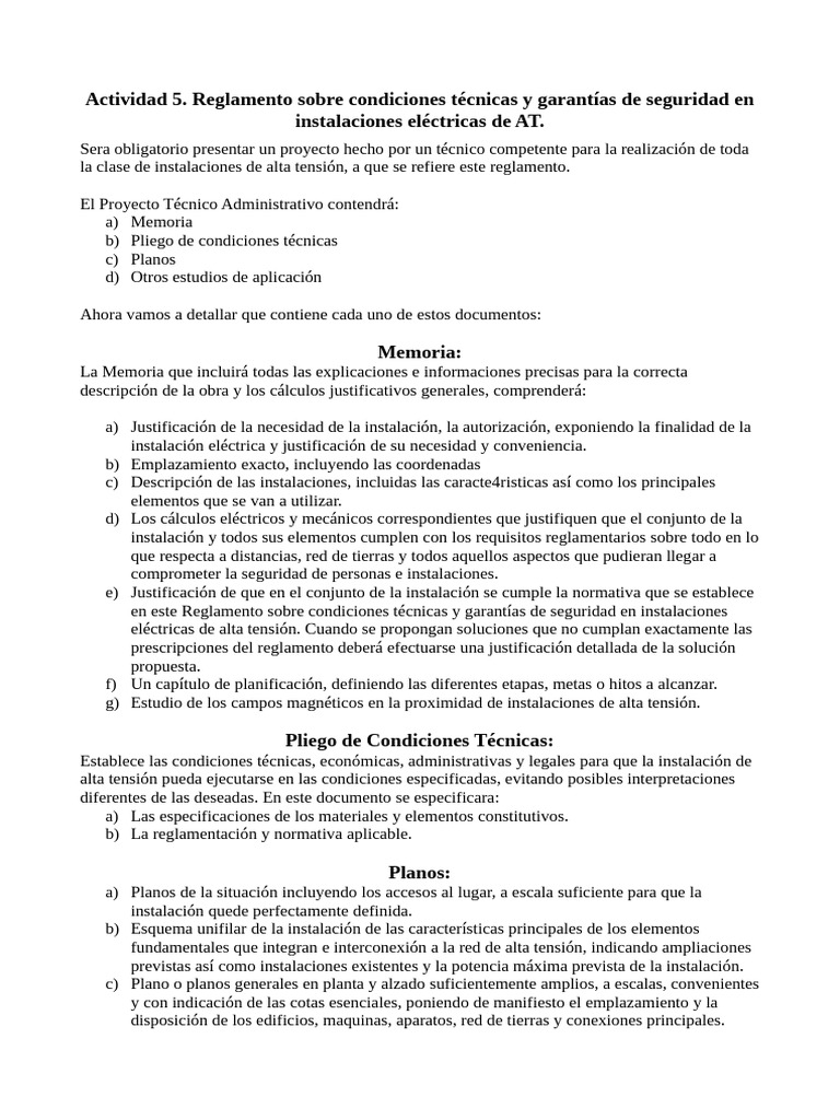Actividad 5. Reglamento sobre condiciones técnicas y garantías de seguridad en instalaciones ...