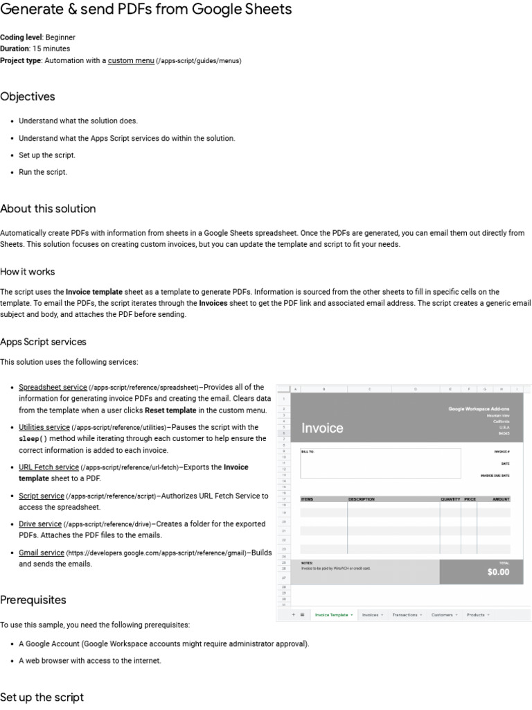 Generate & Send PDFs From Google Sheets - Apps Script - Google For Developers | PDF ...
