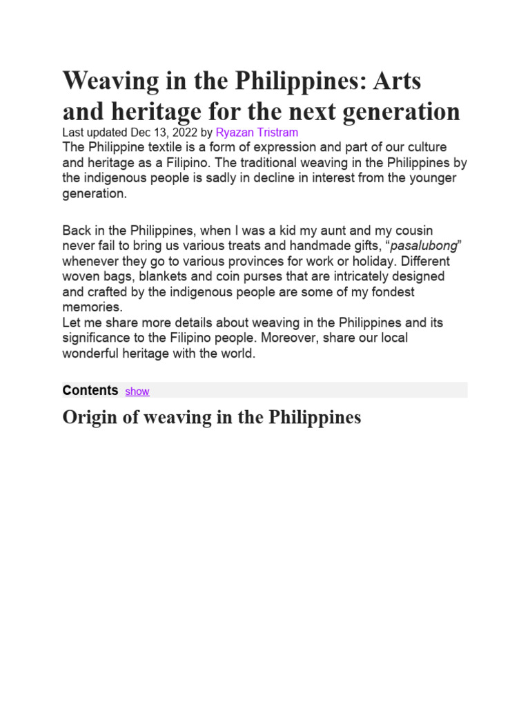 Weaving in The Philippines | PDF | Weaving | Textiles
