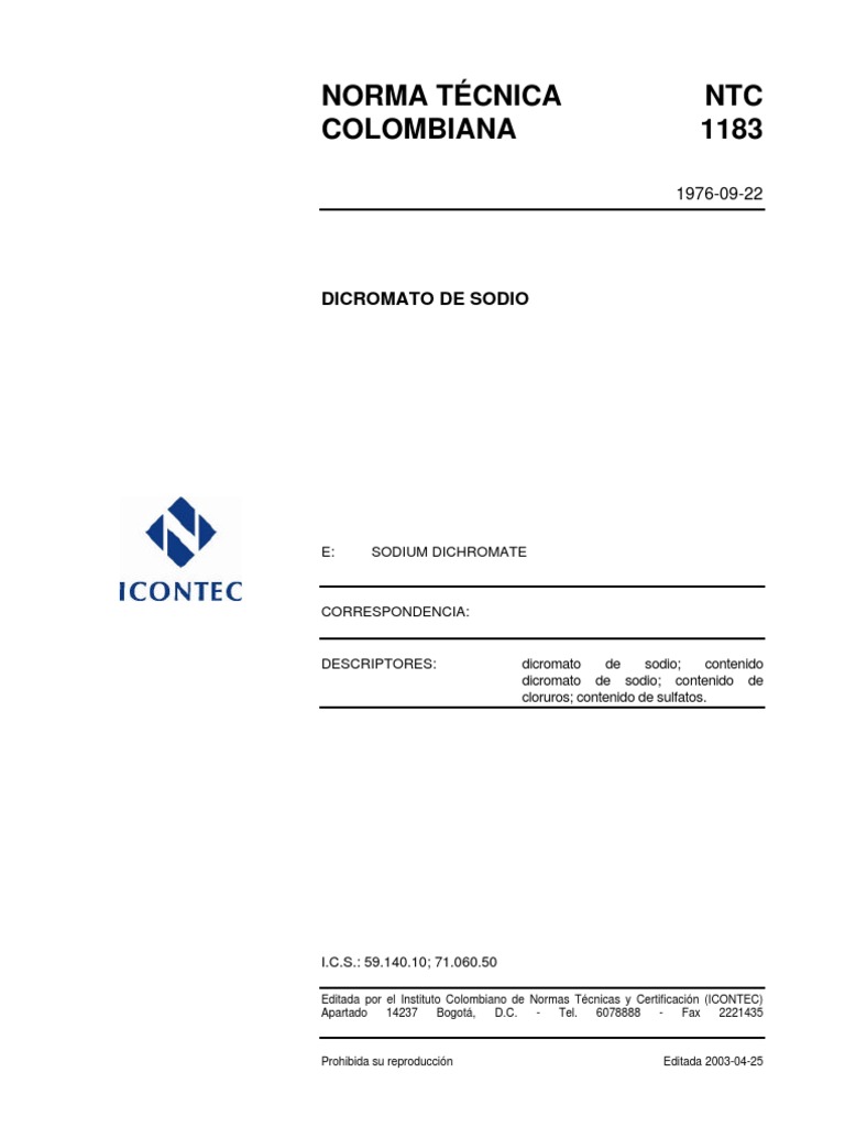 Dicromato de Sodio-Ntc1183 | PDF | Valoración | Química