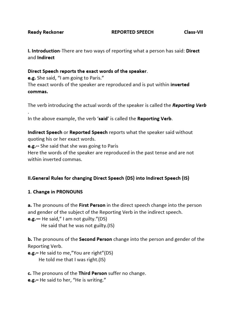 Reported Speech Handout | PDF | Syntax | Language Mechanics
