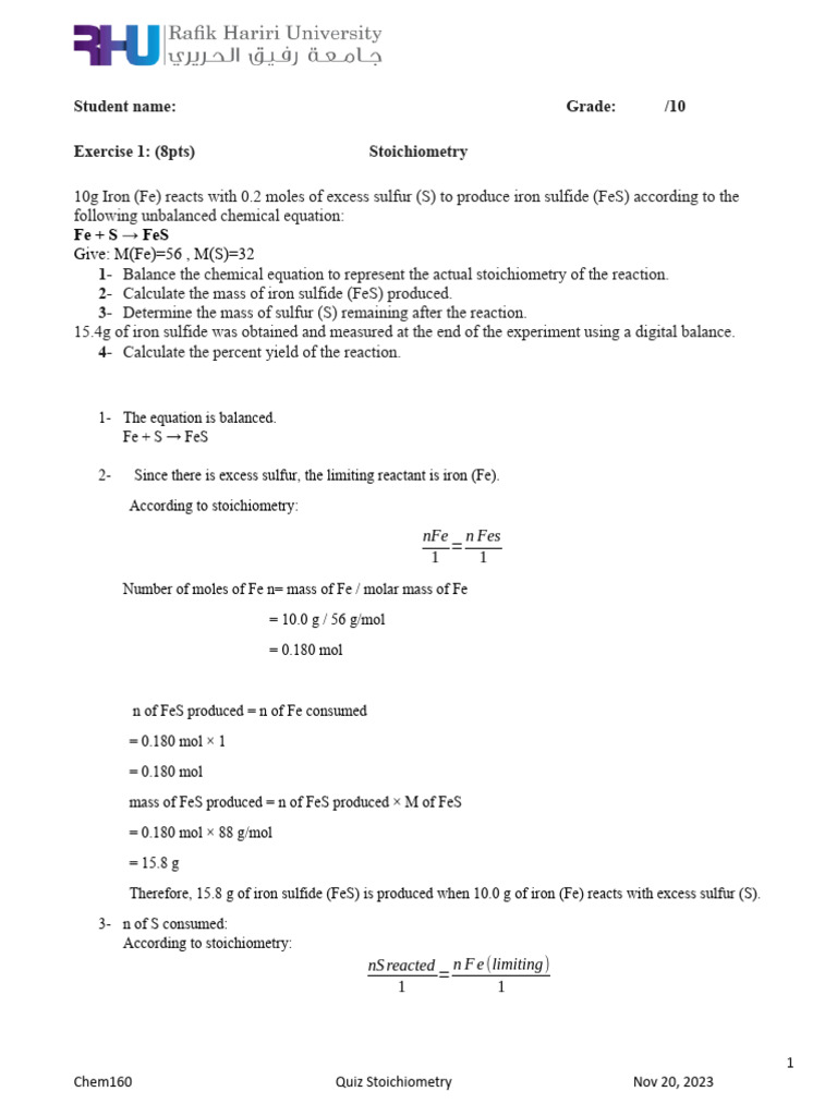 Stoichiometry Quiz: Balancing & Yields | PDF | Stoichiometry | Process ...