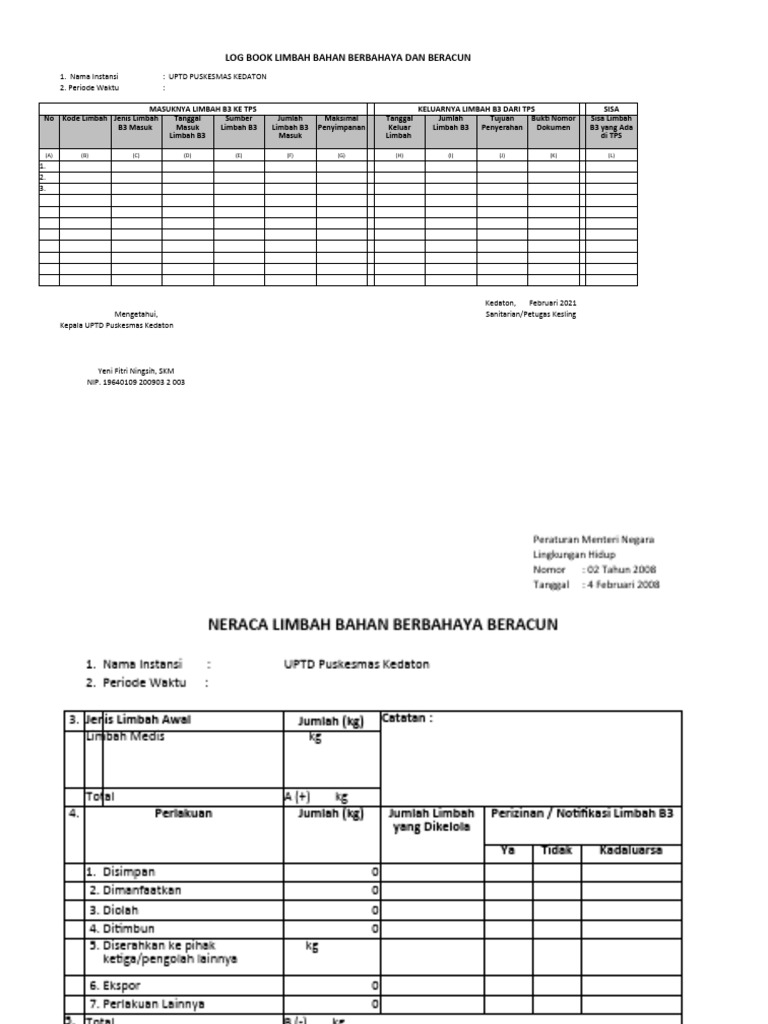 Log Book Limbah B3 UPTD Puskesmas Kedaton | PDF