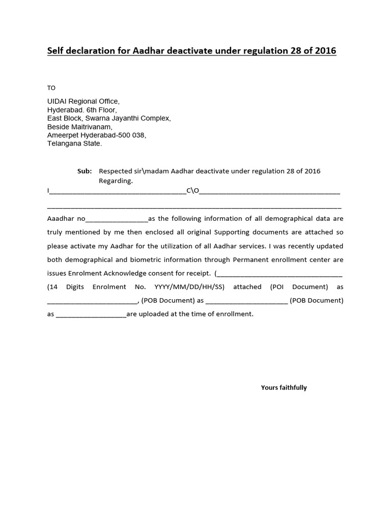 Self Declaration For Aadhar Deactivate Under Regulation 28 of 2016 | PDF