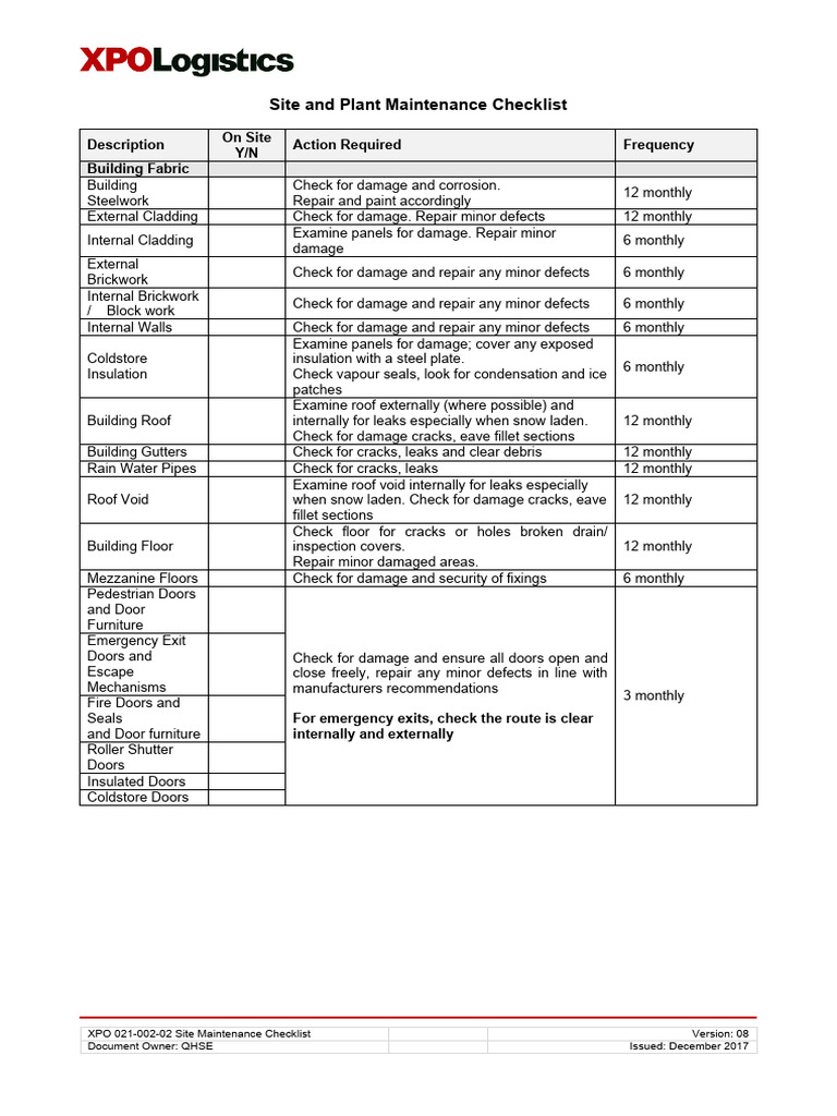 Site - Plant Maintenance Checklist | PDF | Crane (Machine) | Door