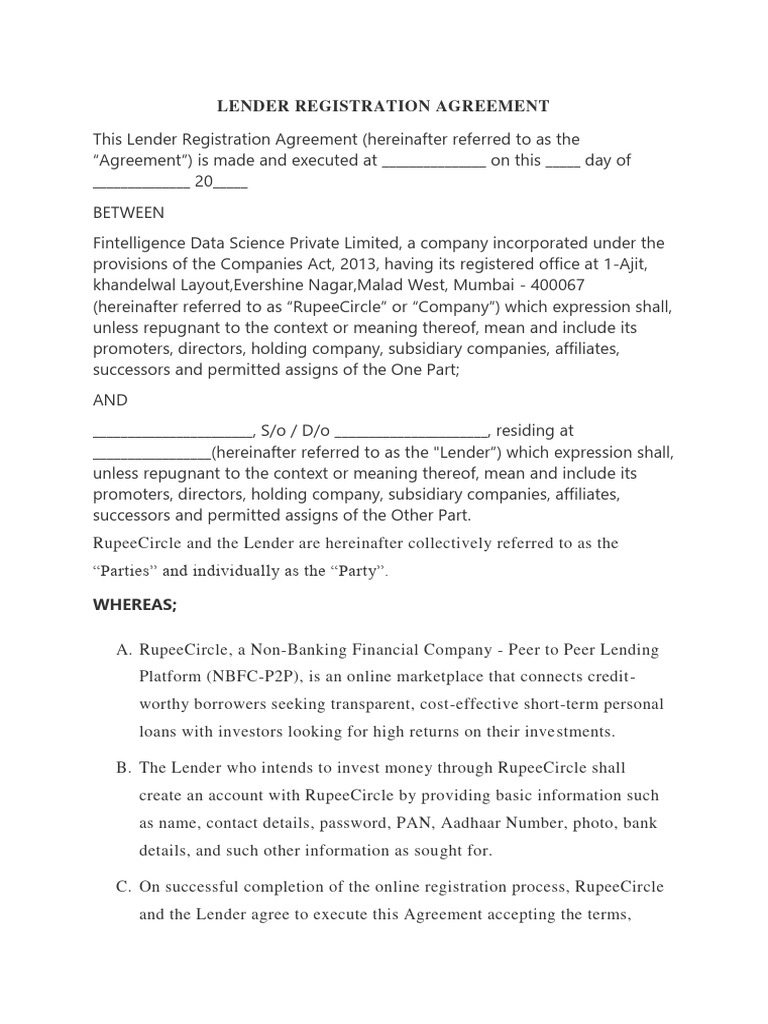 Lender Registration Agreement | PDF | Loans | Interest