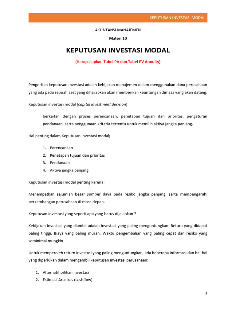 Akmen - 10 - Modul - Keputusan Investasi Modal | PDF