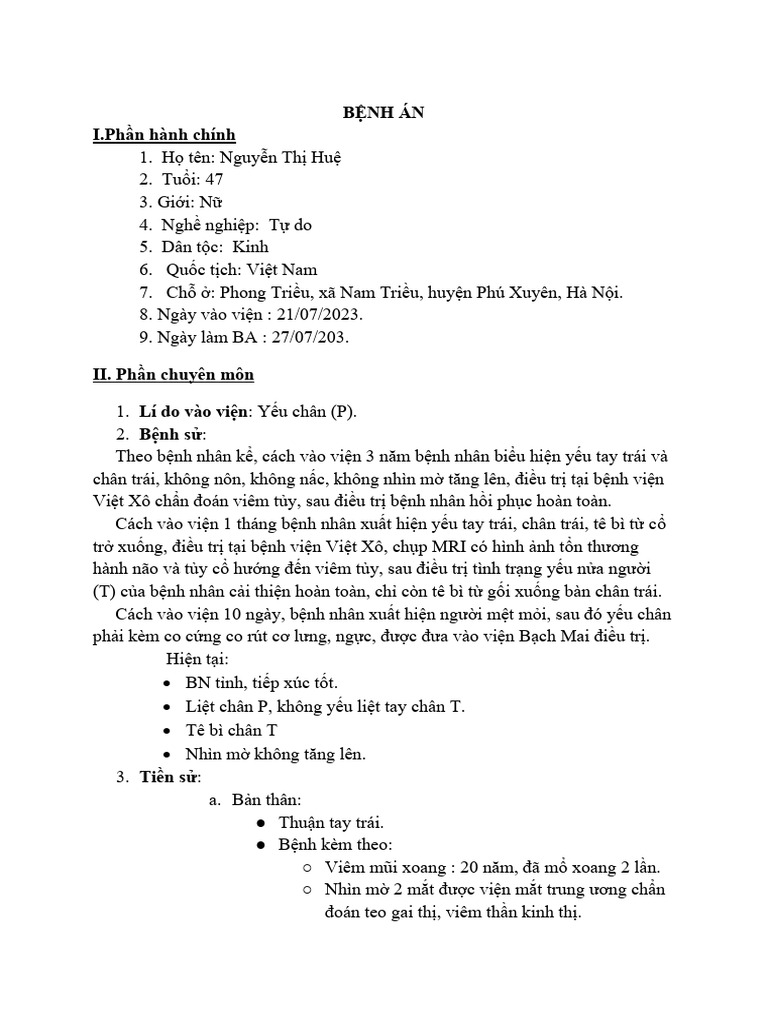 bệnh án thi ls thần kinh | PDF