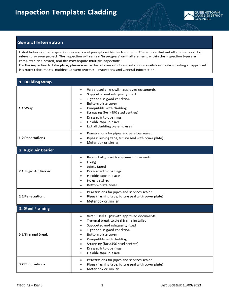 Cladding Inspection Template | PDF | Roof | Pipe (Fluid Conveyance)