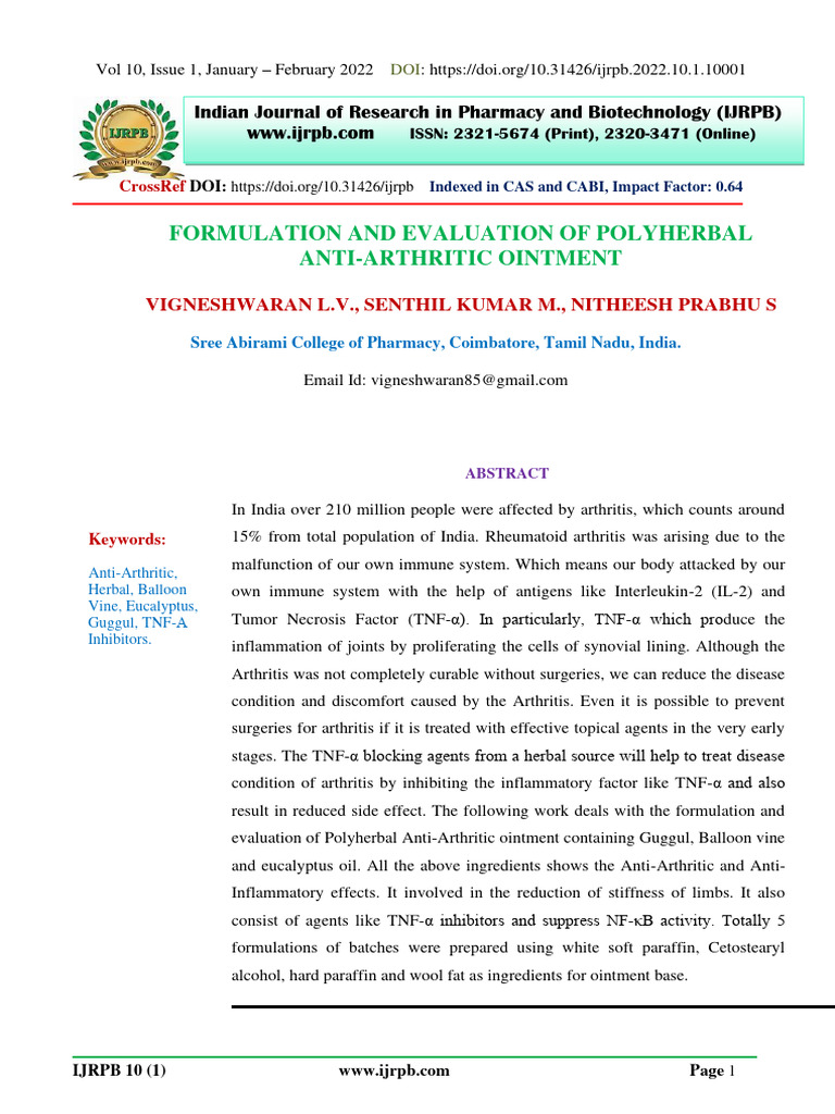 Formulation and Evaluation of Polyherbal Anti-Arthritic Ointment ...