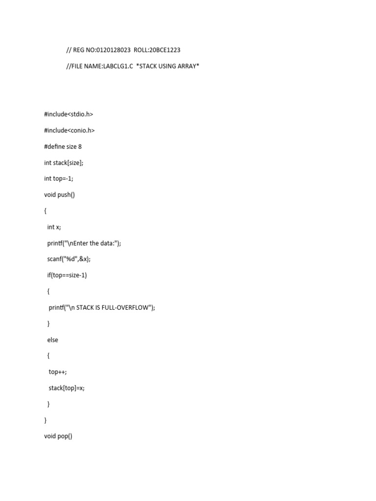 Dsalab (3) STACK USING ARRAY | PDF | Queue (Abstract Data Type) | Data ... Dsalab (3) STACK USING ARRAY | PDF | Queue (Abstract Data Type) | Data ...