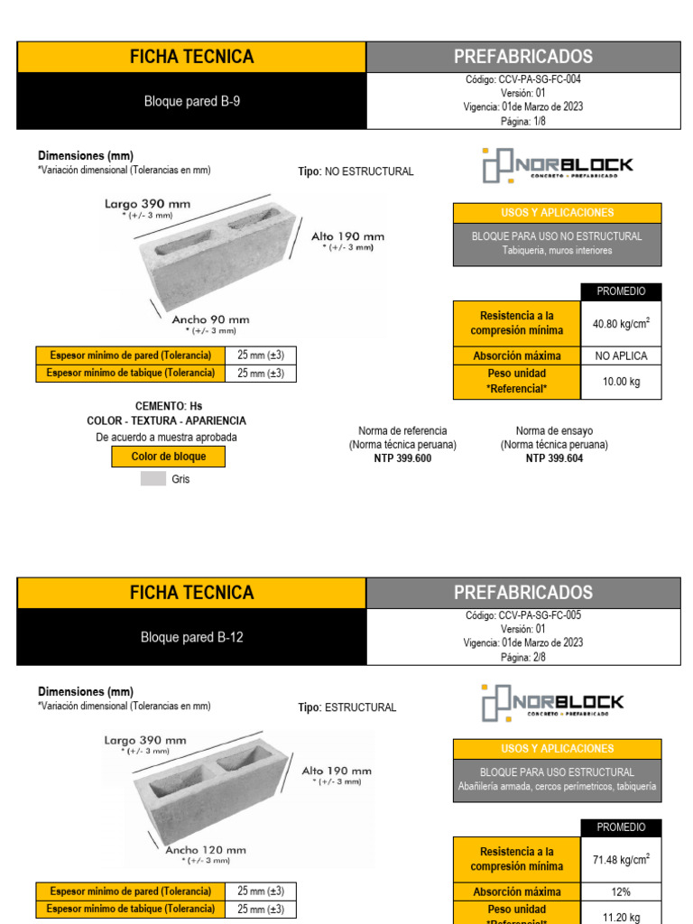 Fichas Tecnicas de Bloques de Concreto | PDF | edificio | Cemento