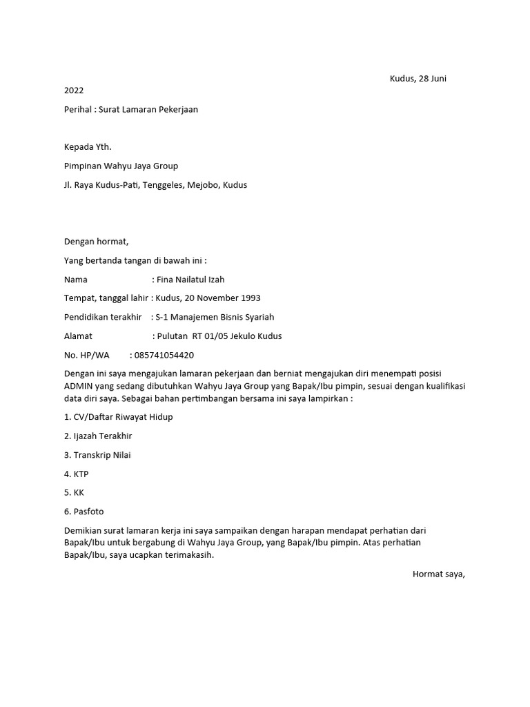 Surat Lamaran Kerja Wahyu Jaya Group | PDF