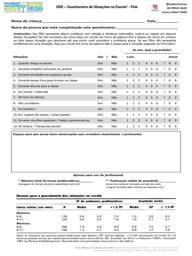 TDAH - Questionário de Situações Escolares - Pais - Curso online TDAH D ...