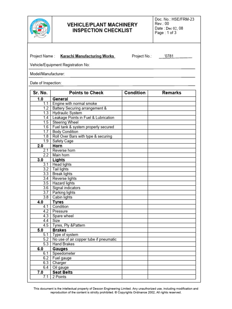HSE FRM-23 Vehicle Plant Machinery Inspection Checklist | PDF ... HSE FRM-23 Vehicle Plant Machinery Inspection Checklist | PDF ...