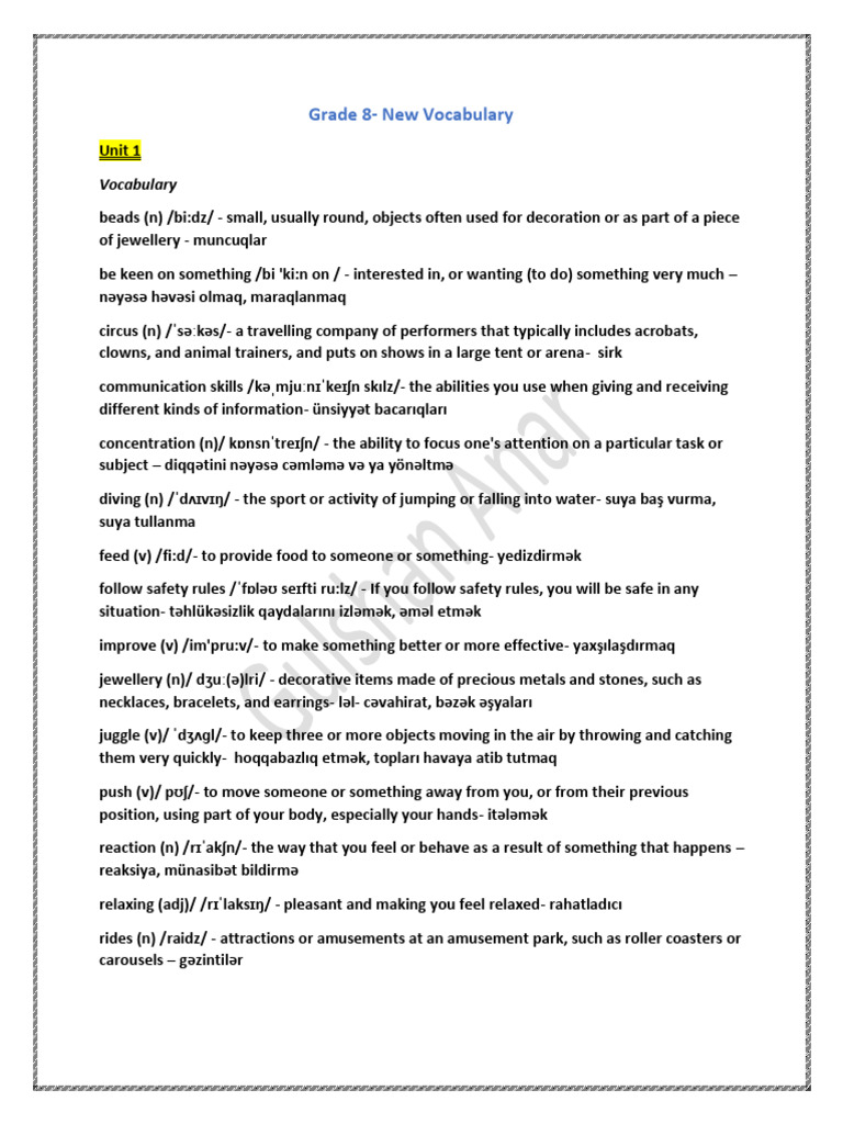 Grade 8 - New Vocabulary | PDF | Rain | Weather