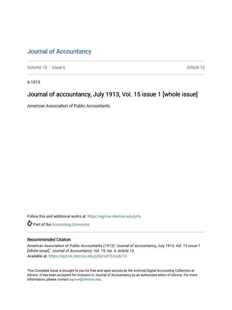 Journal of Accountancy July 1913 Vol. 15 Issue 1 (Whole Issue) | PDF ...