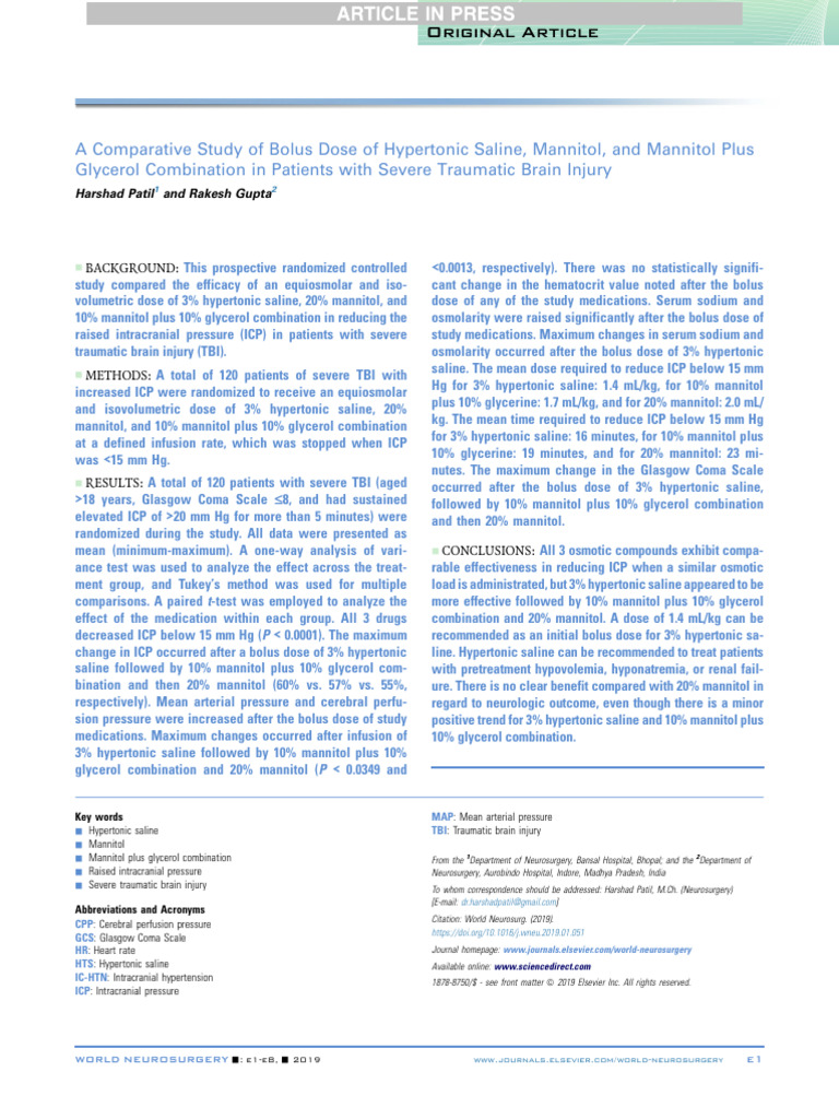 Mannitol Vs Hypertonic Saline | PDF | Traumatic Brain Injury | Clinical Medicine