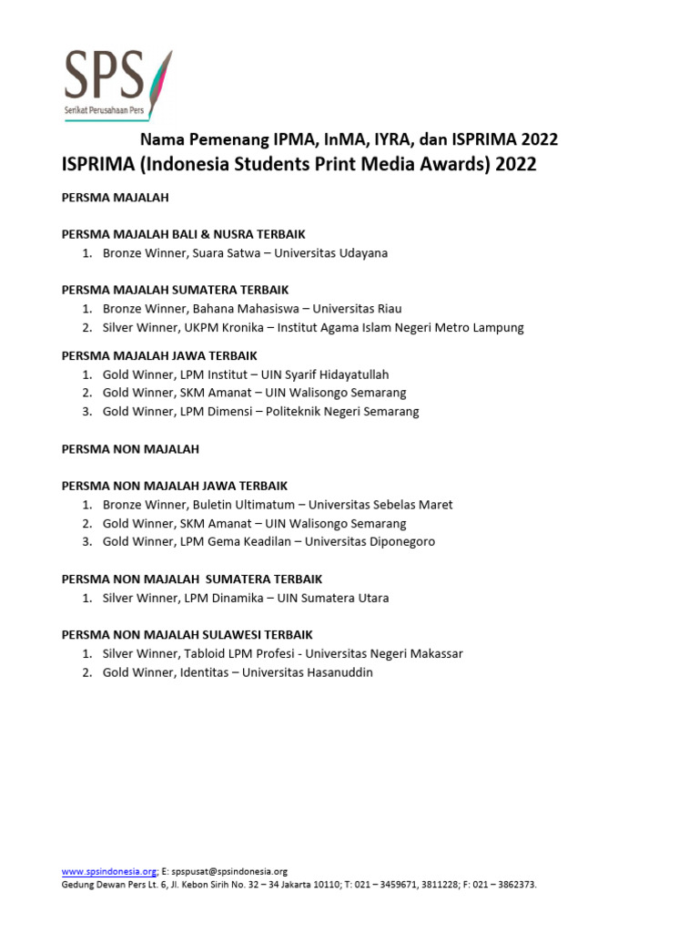 Nama Nama Pemenang Ipma DKK Sps 2022 | PDF | Sains & Matematika