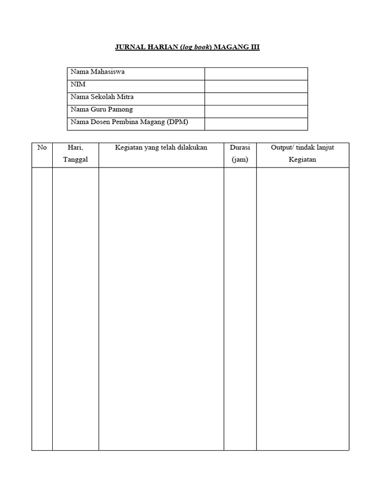 Template Jurnal Harian - Log Book MAGANG 3 | PDF