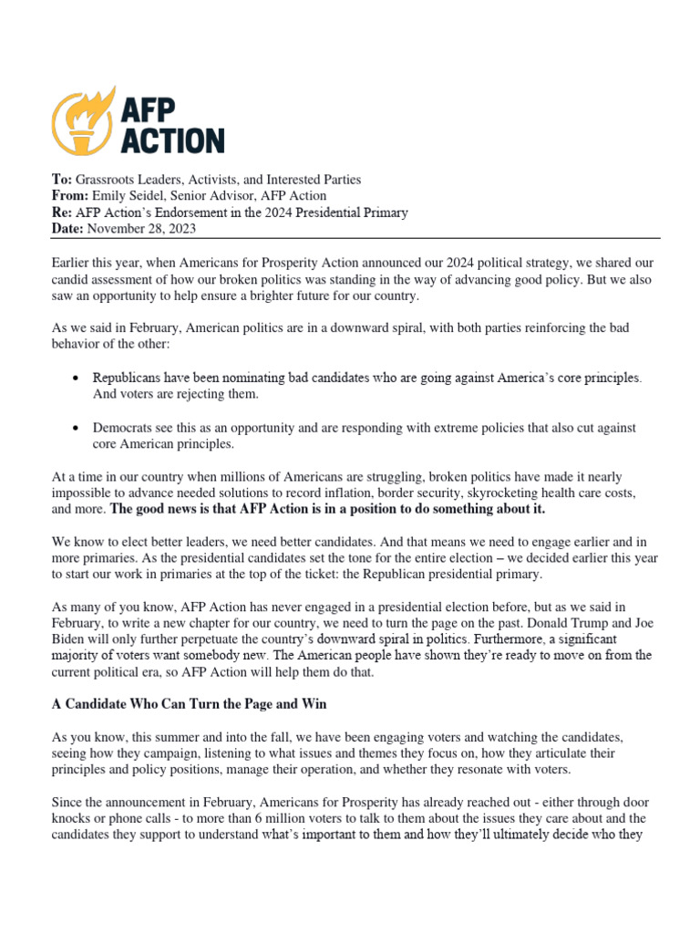 AFP Action Endorsement of Nikki Haley | PDF | Americans For Prosperity ...