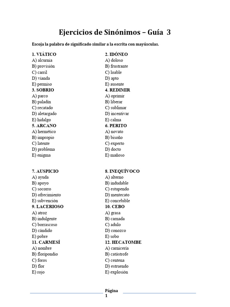 Ejercicios de Sinónimos para Practicar | PDF