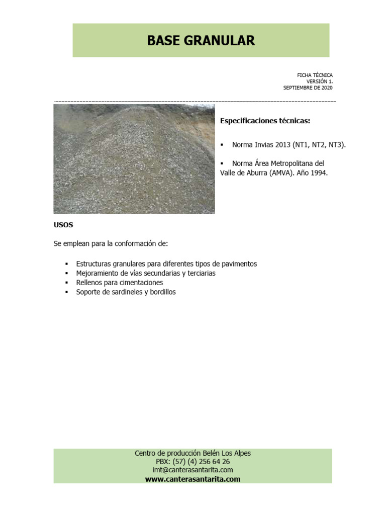 Ficha Técnica Base Granular | PDF | Ingeniería de Edificación | Ciencias fisicas