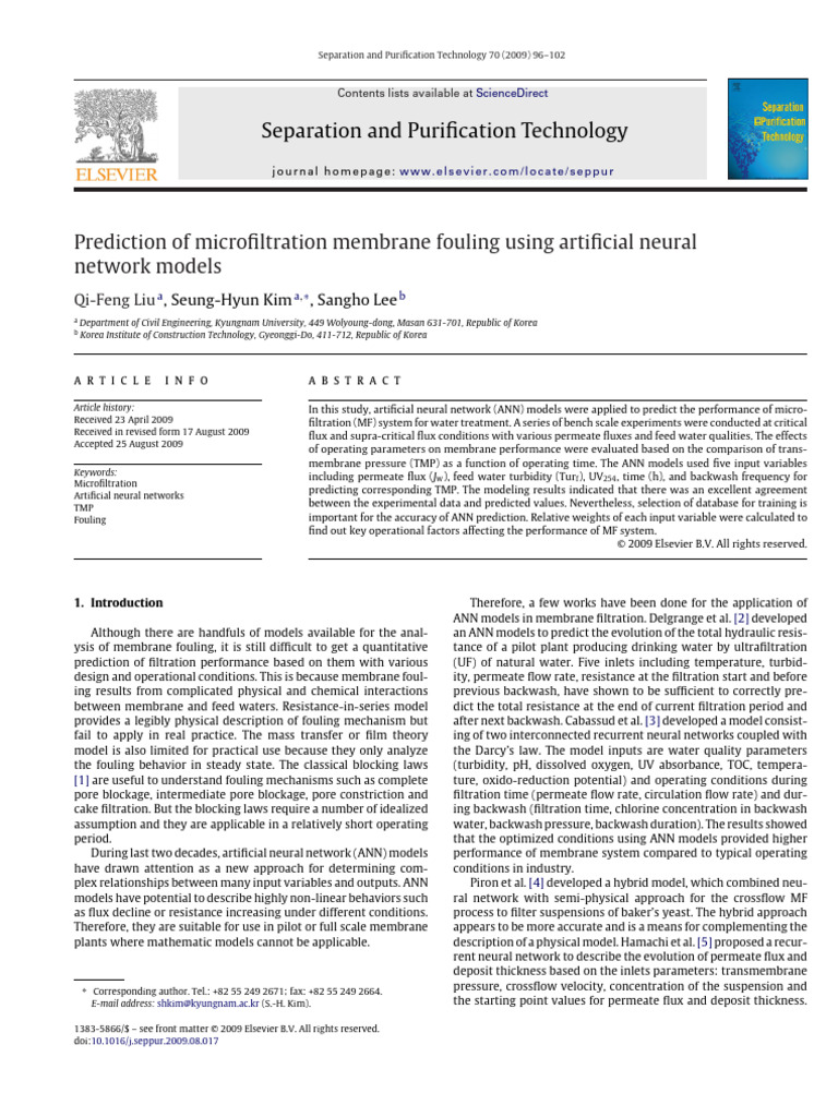 2009 Prediction of Microfiltration Membrane Fouling Using Artificial Neural | PDF | Membrane ...