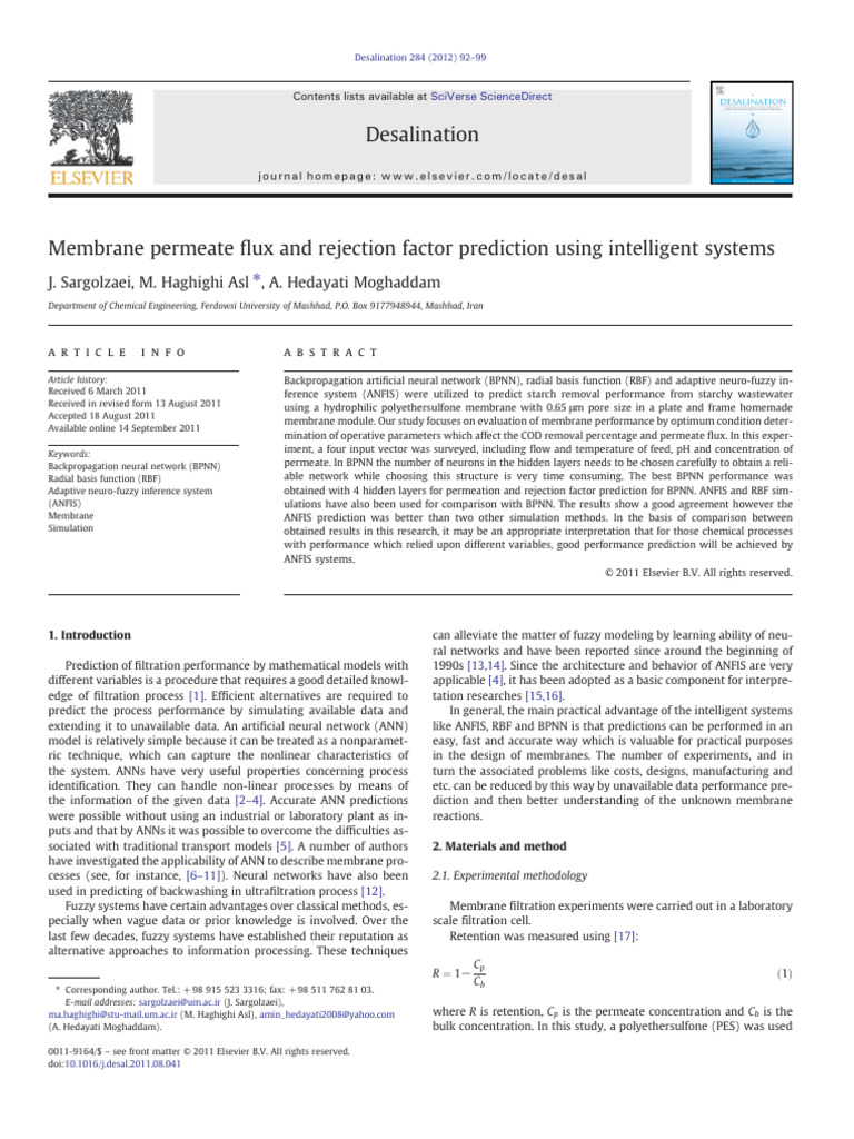 2012 Membrane Permeate Flux and Rejection Factor Prediction Using Intelligent Systems | PDF ...