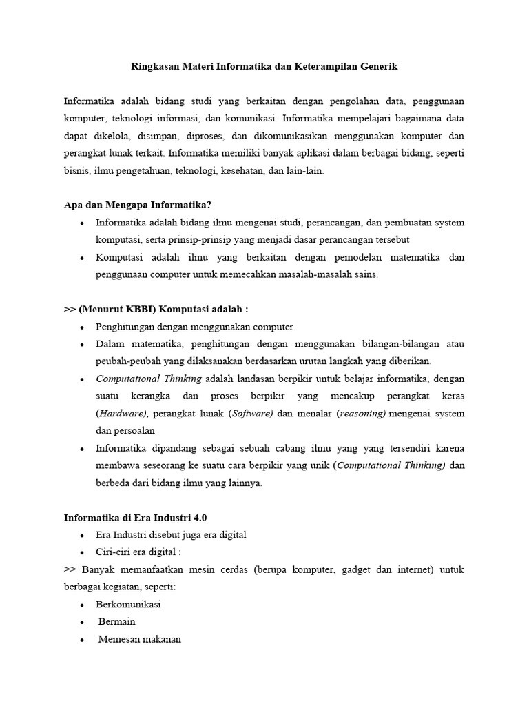 Ringkasan Materi Informatika Dan Keterampilan Generik | PDF