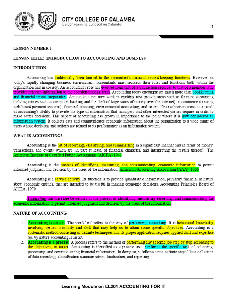 EL201 Accounting Learning Module Lessons 1 | PDF | Corporations ...