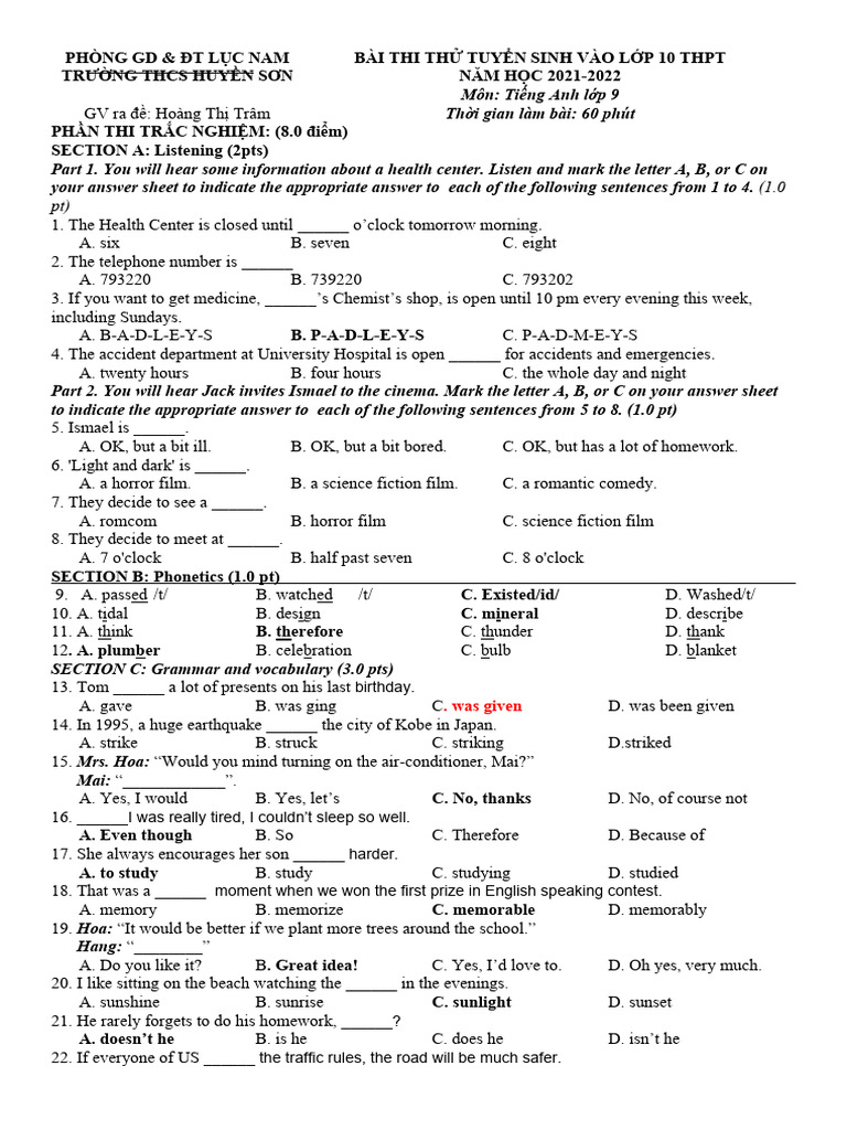 Thi TH Vào 10.1 | PDF | Adventure Travel | Transport