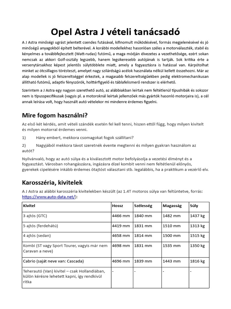 Opel Astra J Vételi Tanácsadó | PDF
