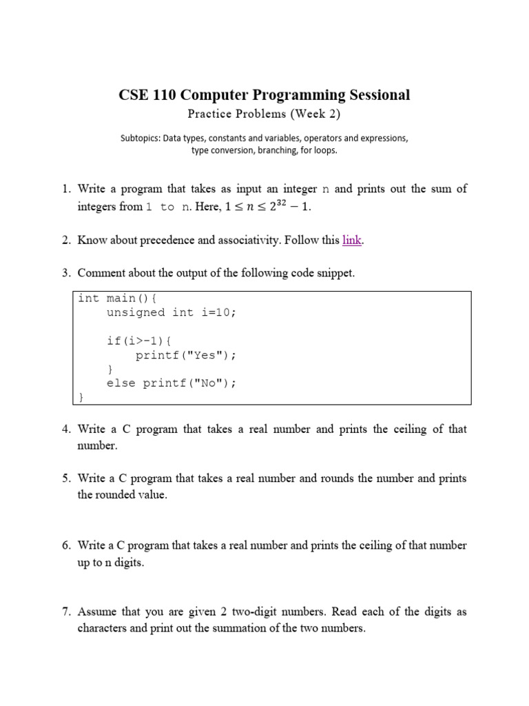 Practice Problem For Week 2 CSE 109 | PDF | Integer (Computer Science) | Computer Programming