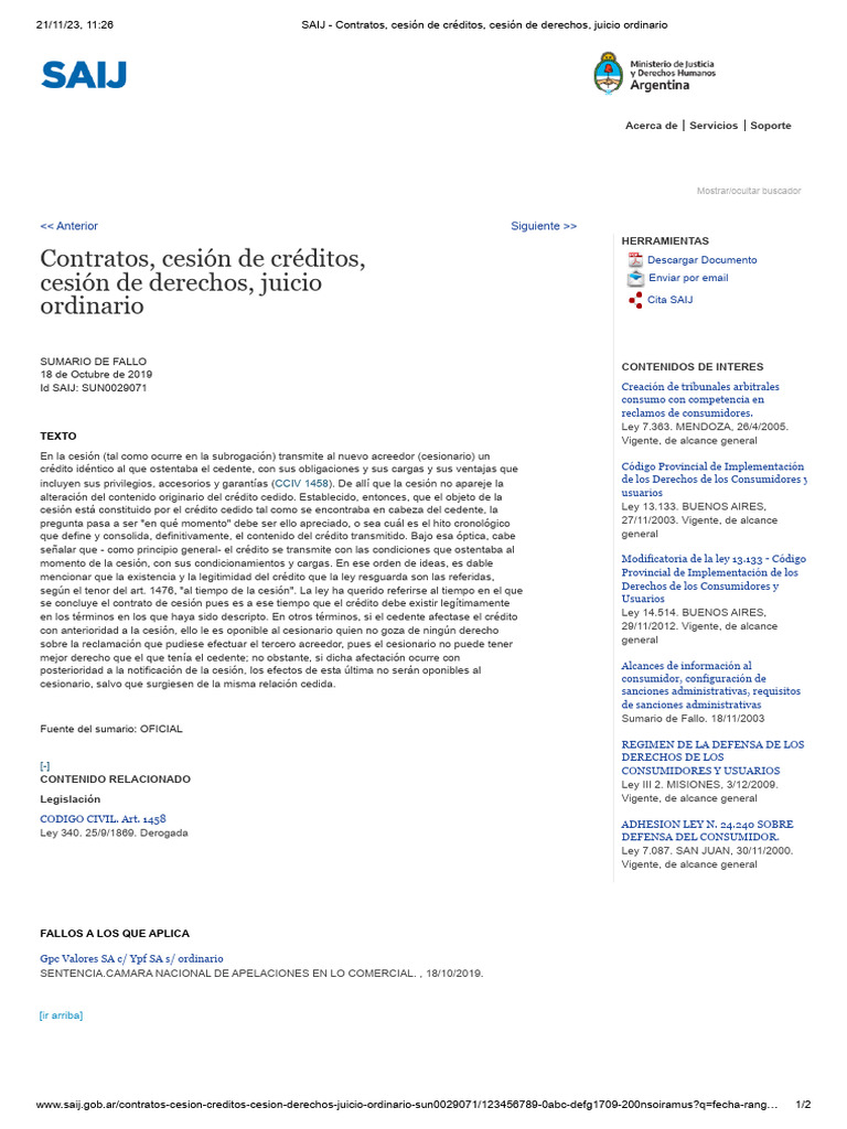 SAIJ - Contratos, Cesión de Créditos, Cesión de Derechos, Juicio ...