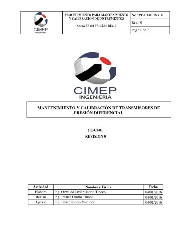 Procedimiento FF (TPD) Transmisores de Presion Diferencial | PDF | Calibración | Instituto ...