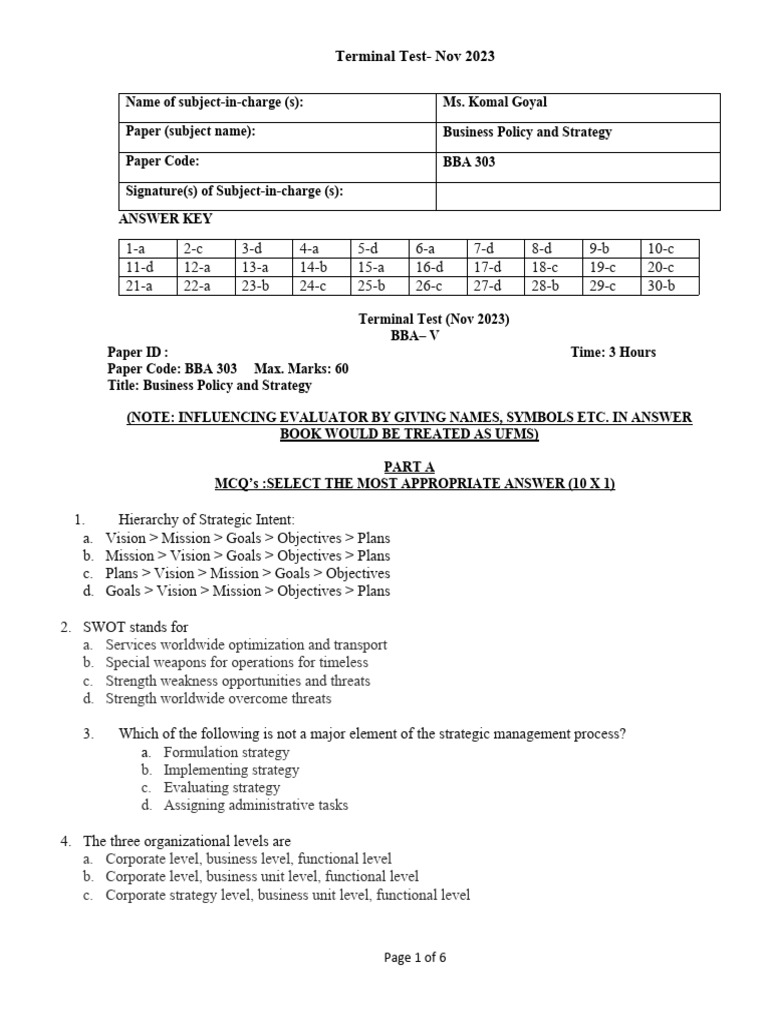 BPS Question Bank | PDF | Strategic Management | Policy