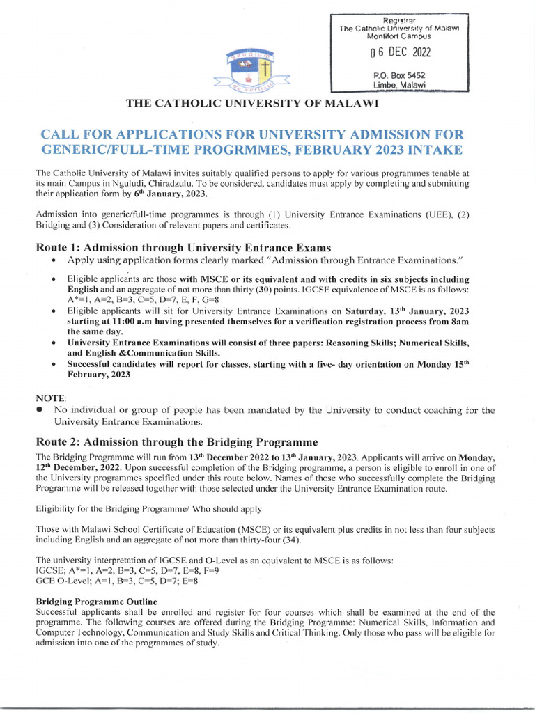 2023 Cunima Fulltime Intake Advert | PDF