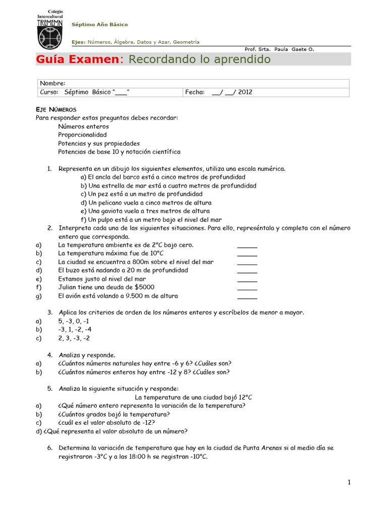 Guia Examen Mat NB7 | PDF | Entero | Temperatura