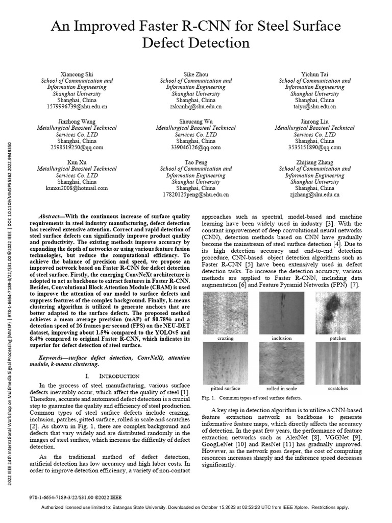 An Improved Faster R-CNN For Steel Surface Defect Detection | PDF | Cluster Analysis | Machine ...