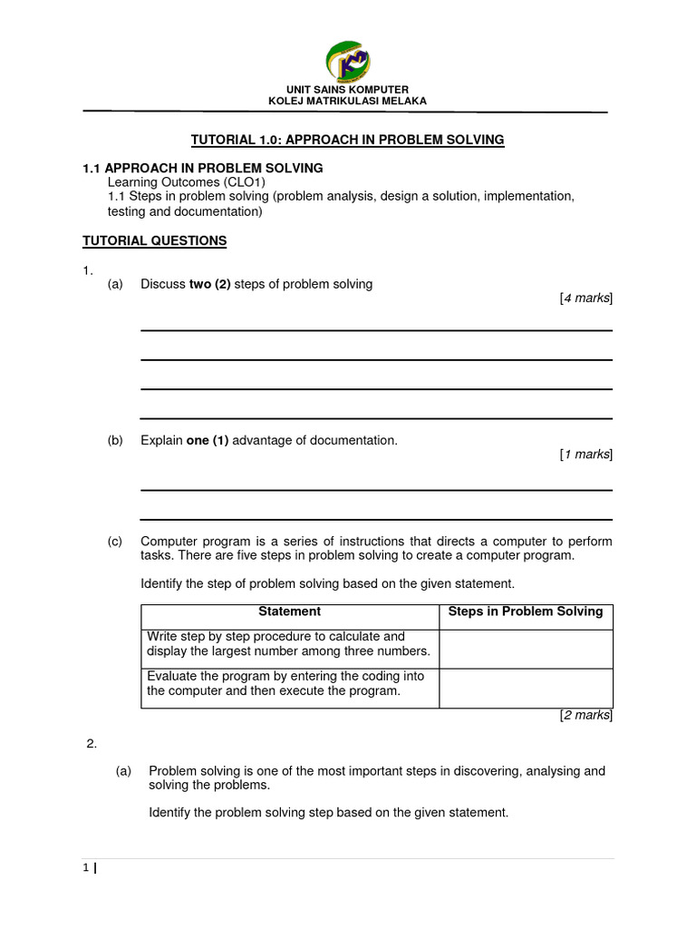 1.1 TUTORIAL Approach in Problem Solving | PDF | Computer Program ...